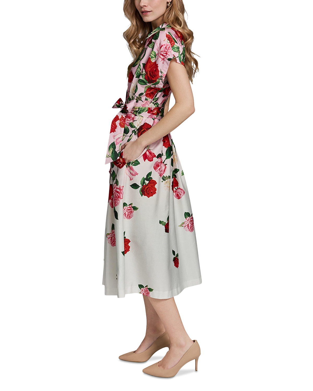 KARL LAGERFELD PARIS Karl Lagerfeld Paris Surplice Floral Midi Dress with Self-Tie Waist